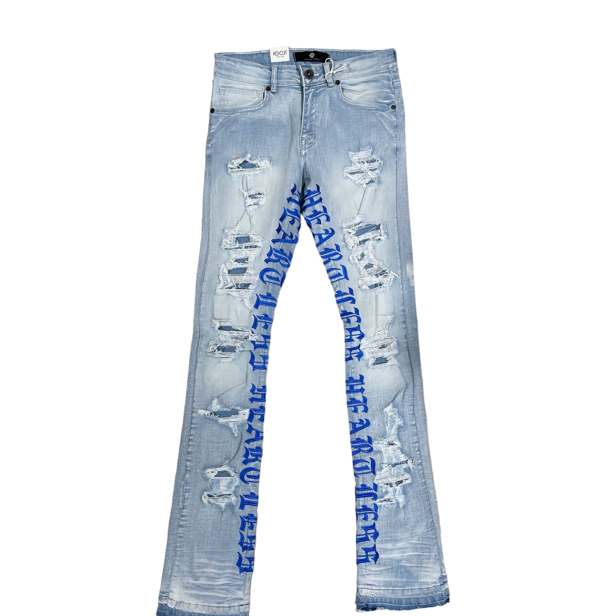 Focus Heartless Stacked Denim Jeans (Blue Letters) – Thredz Clothing ...